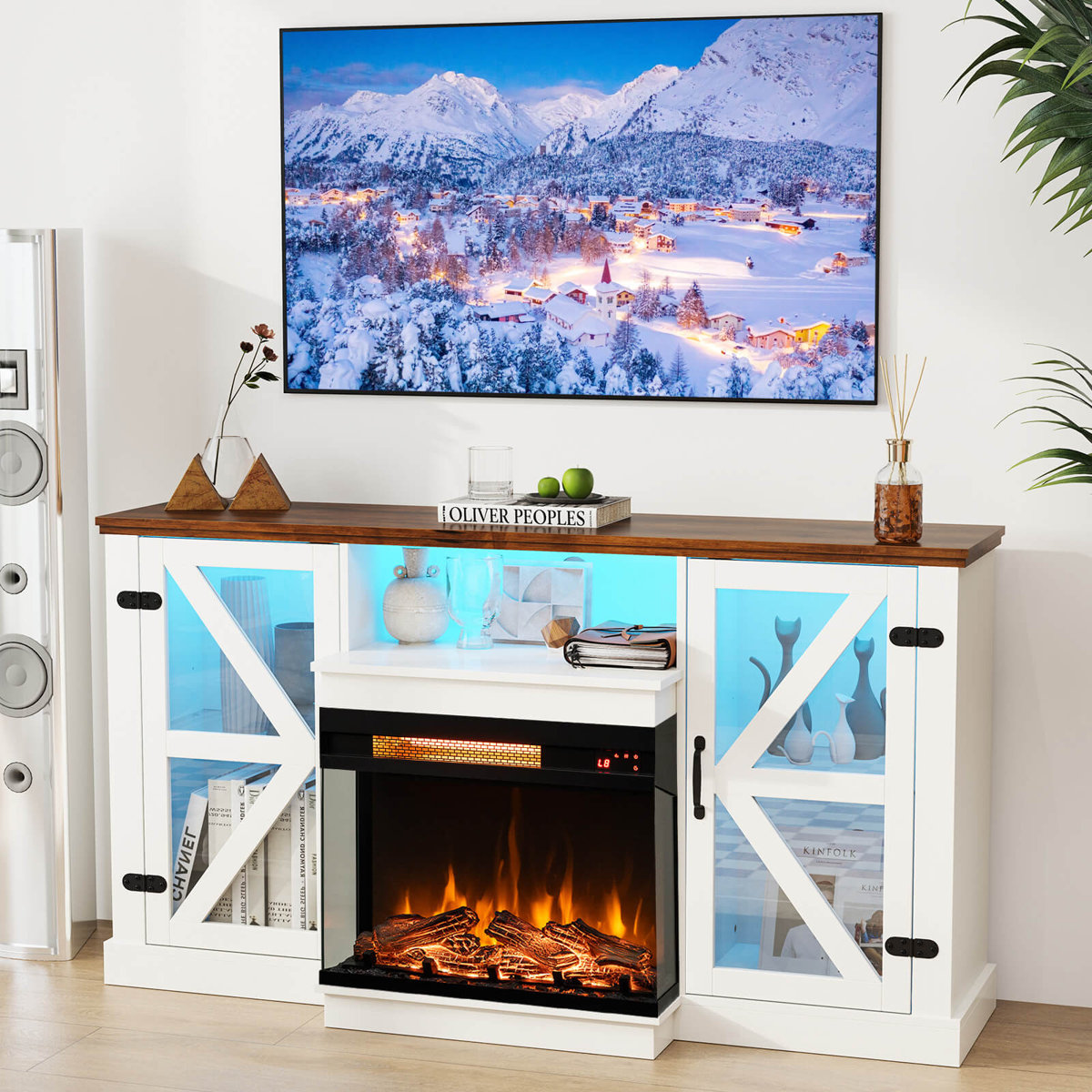 Ivy Bronx 58" Fireplace Tv Stand With 23" 3-side Glass Electric Fireplace 20 Color Led Lights ...